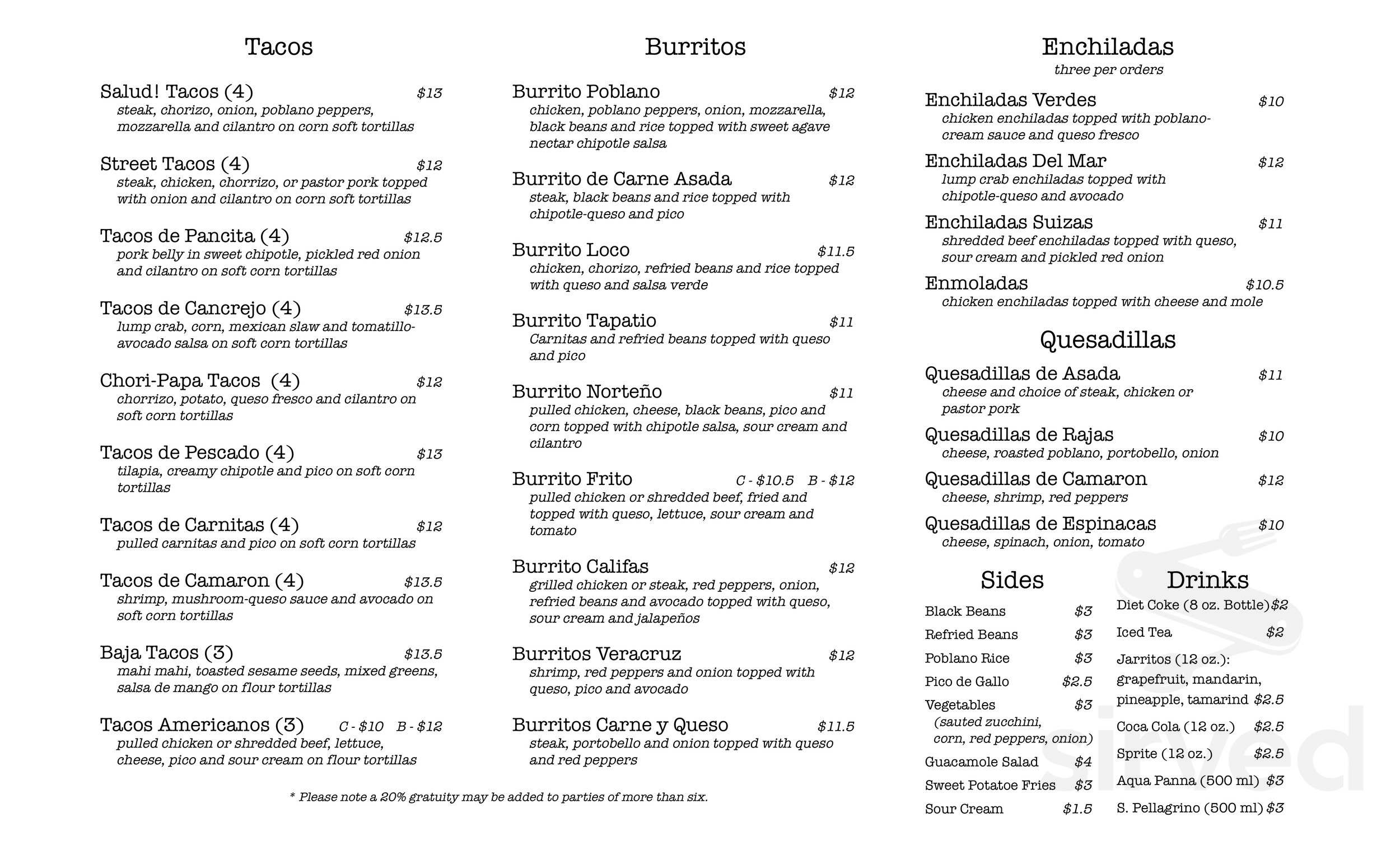 Salud Mexican Kitchen & Tequila Lounge menus in Camden, South Carolina ...