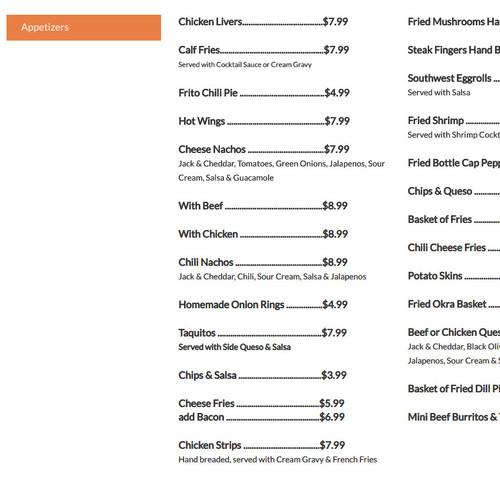 Thunder Roadhouse Cafe menu in Oklahoma City, Oklahoma, USA