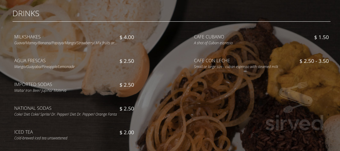 Menu for Tropicana Cuban Restaurant in Austin, Texas, United States