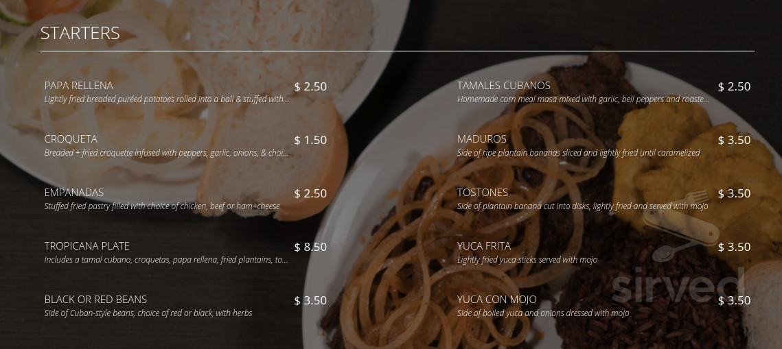 Tropicana Cuban Restaurant menu in Austin, Texas, USA