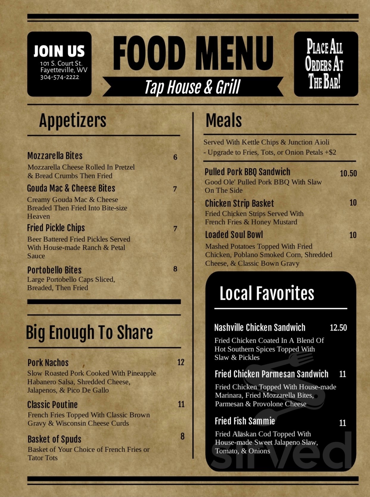 Southside Junction Tap House menu in Fayetteville, West Virginia, USA