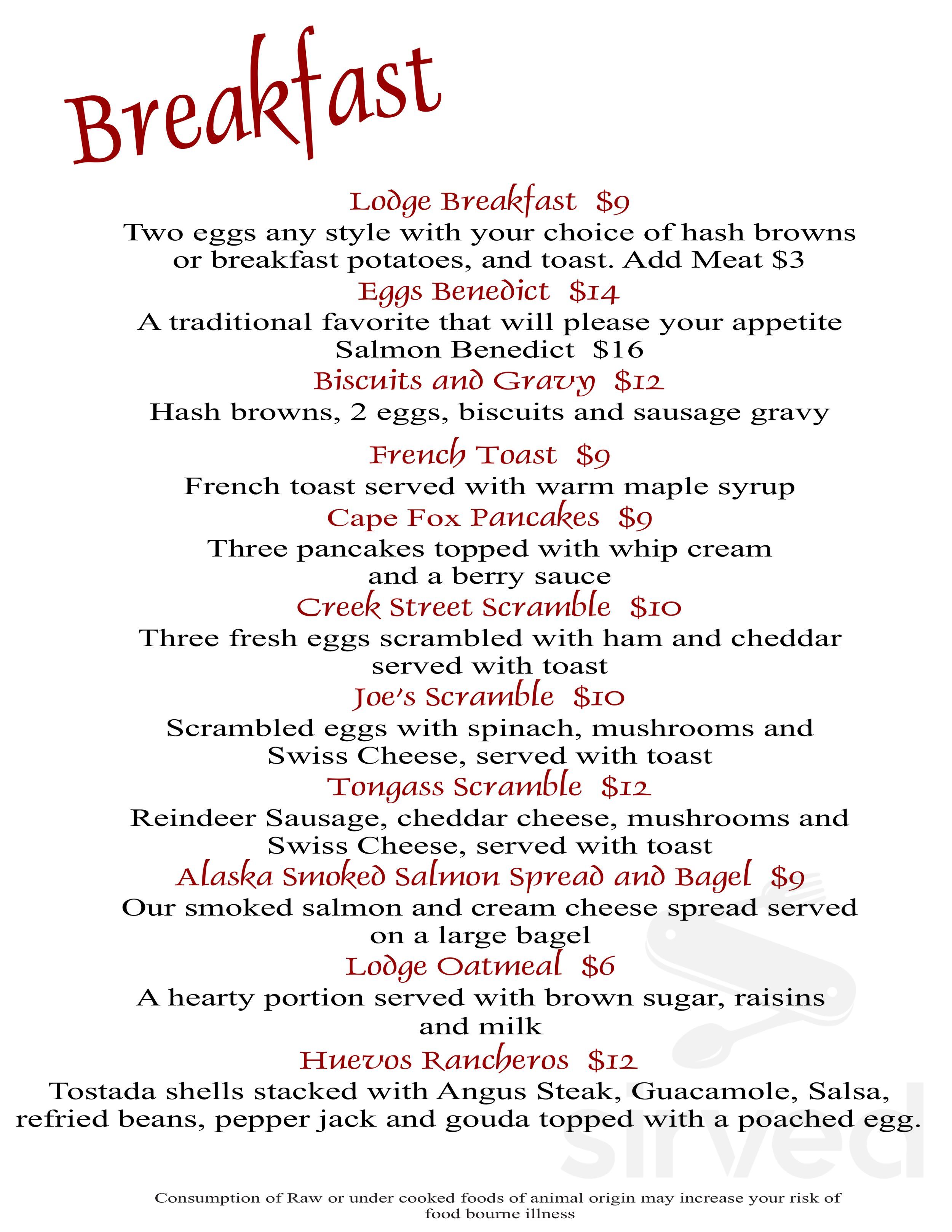 Cape Fox Lodge menu in Ketchikan, Alaska, USA