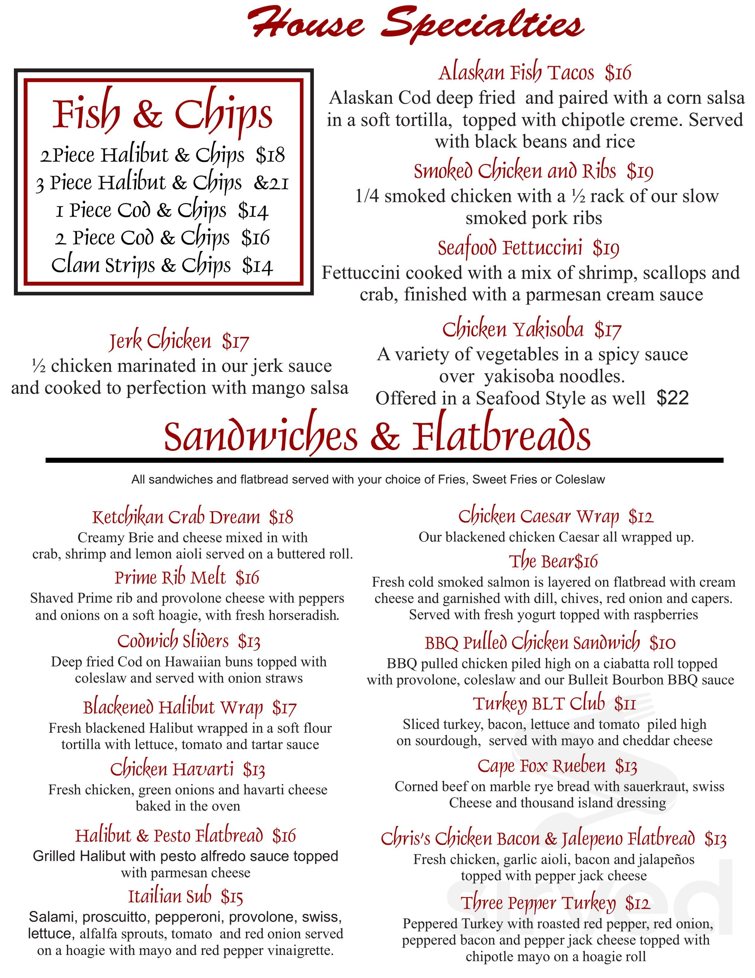 Cape Fox Lodge menu in Ketchikan, Alaska, USA