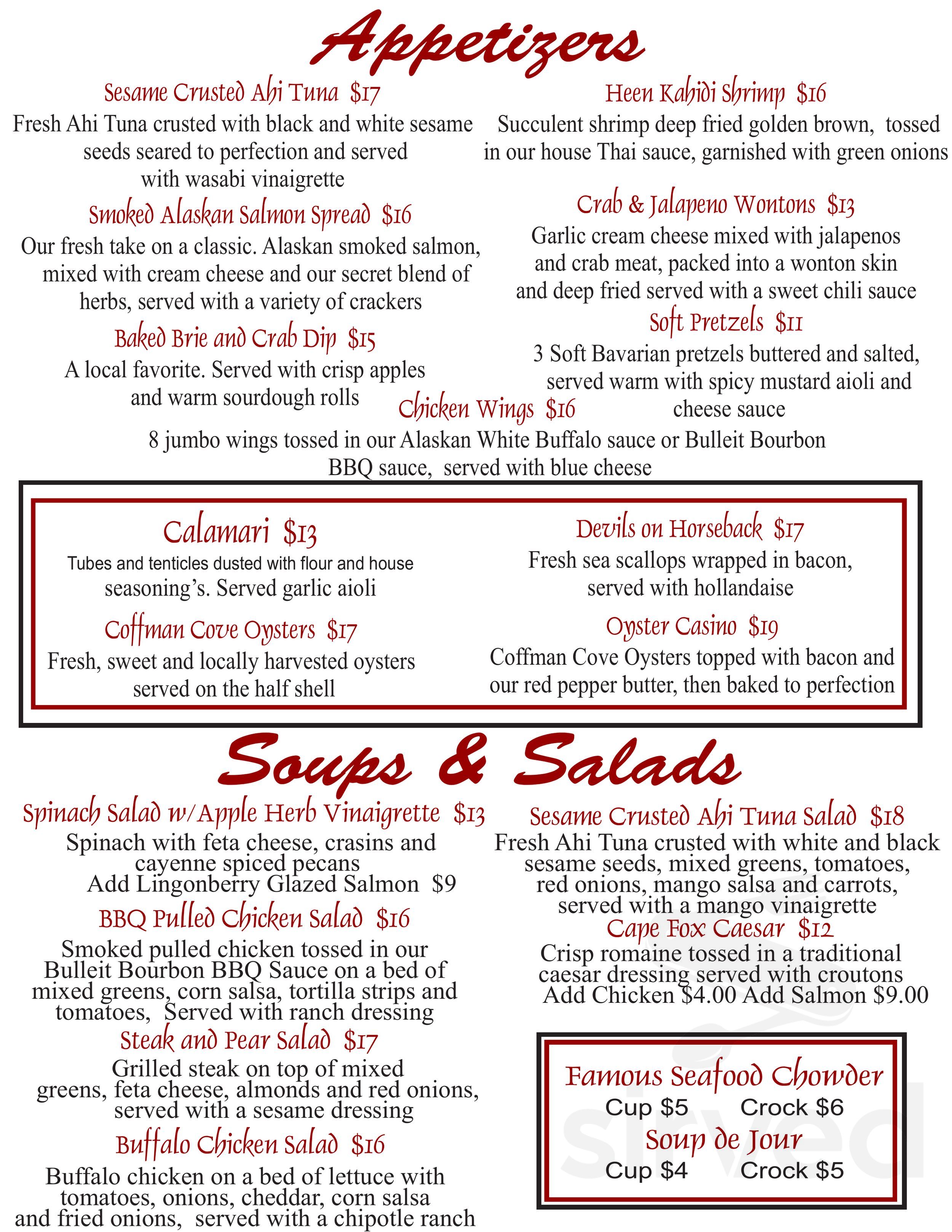 Cape Fox Lodge menu in Ketchikan, Alaska, USA