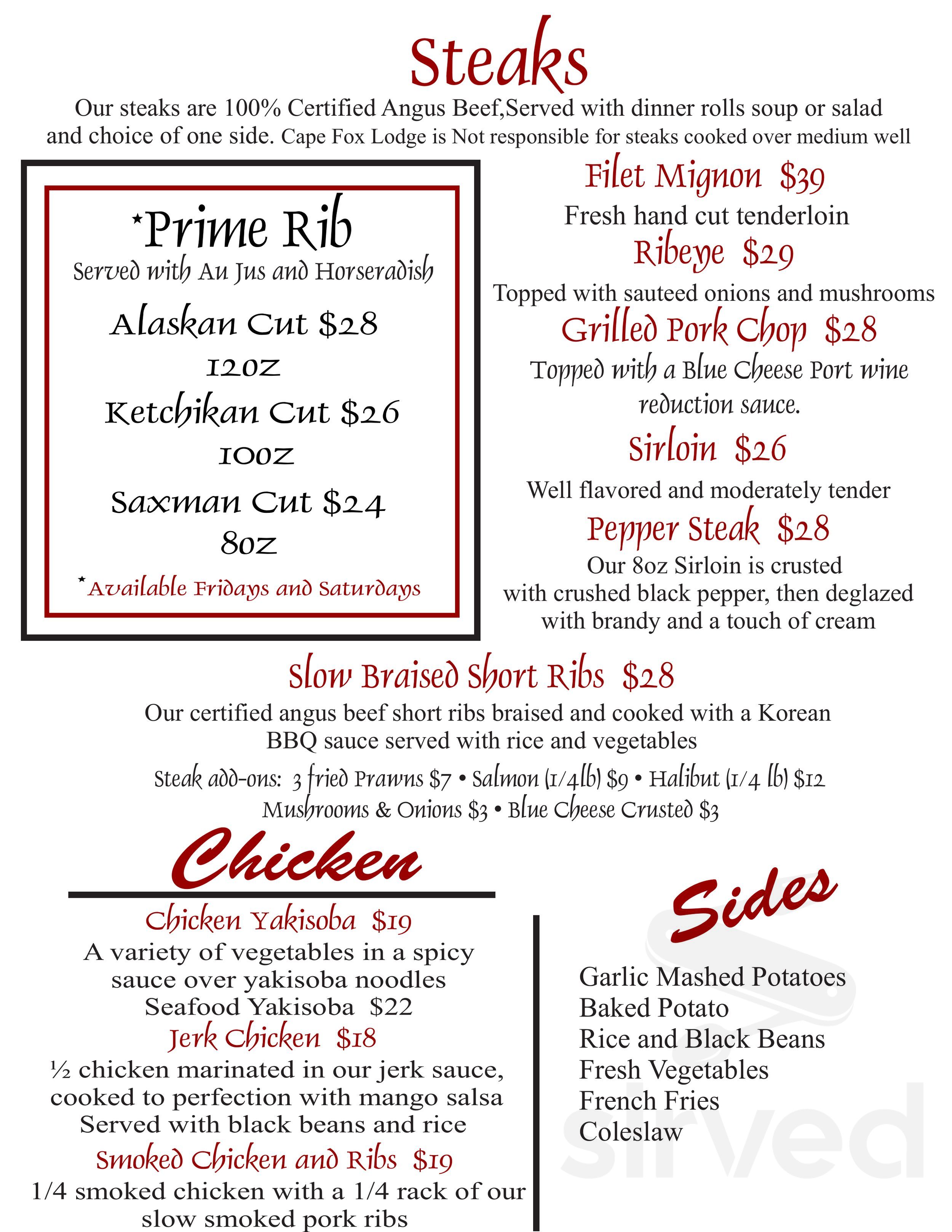 Cape Fox Lodge menu in Ketchikan, Alaska, USA