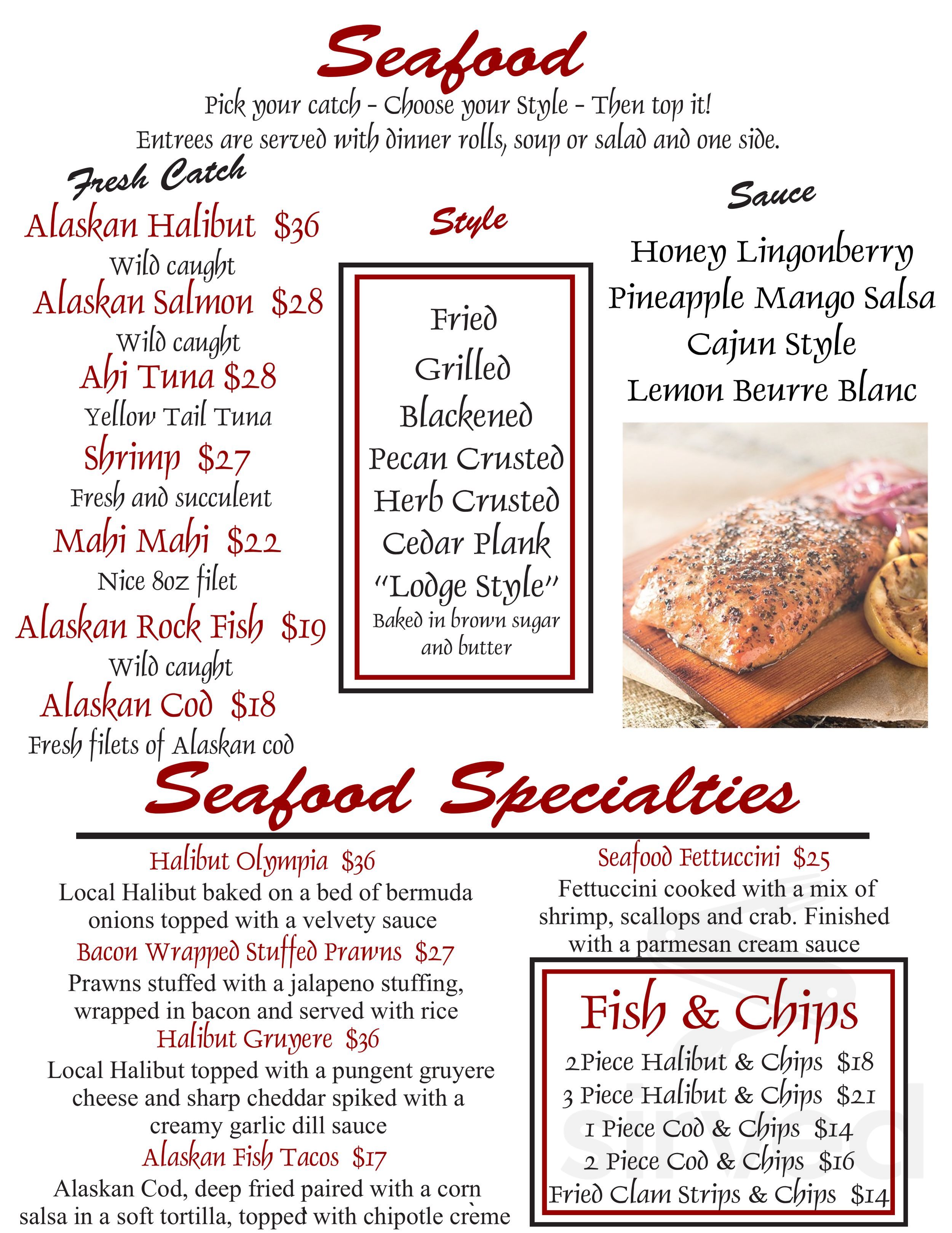 Cape Fox Lodge menu in Ketchikan, Alaska, USA