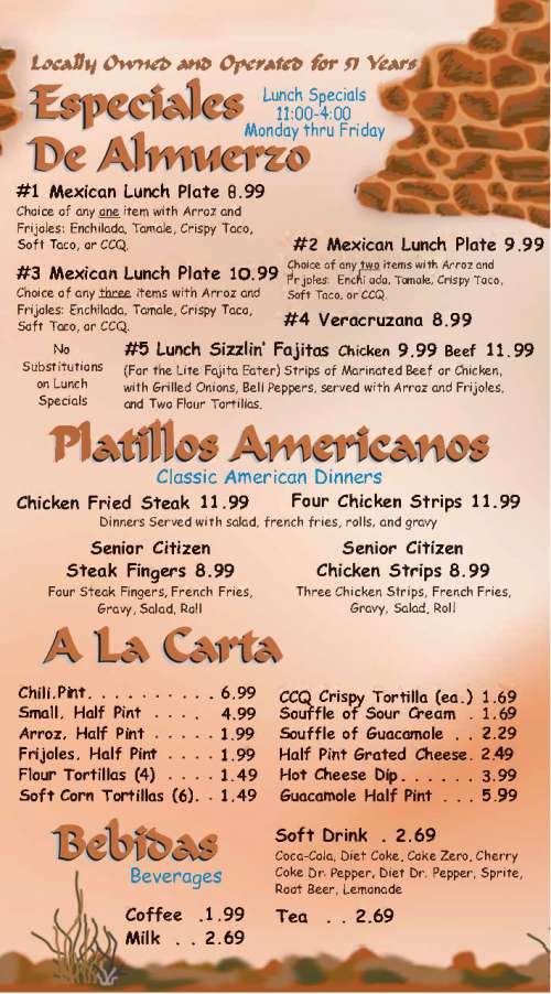 Little Mexico menu in Palestine, Texas, USA