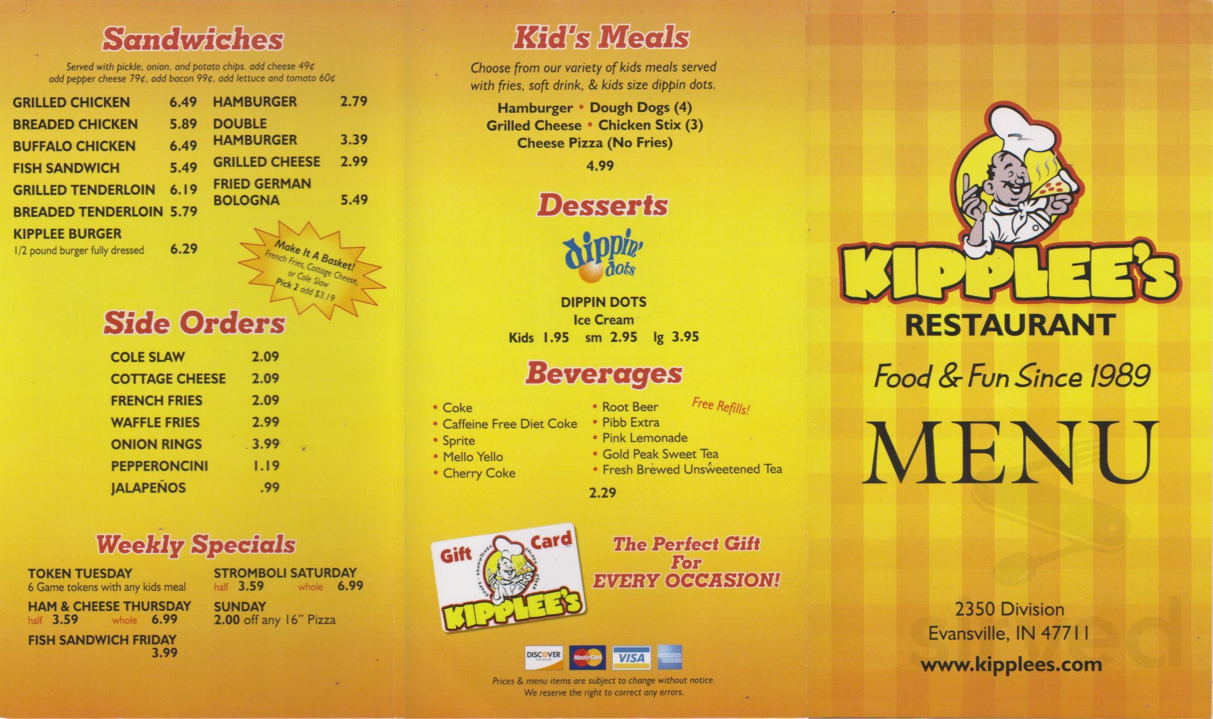 Menu for Kipplee's in Evansville, Indiana, United States