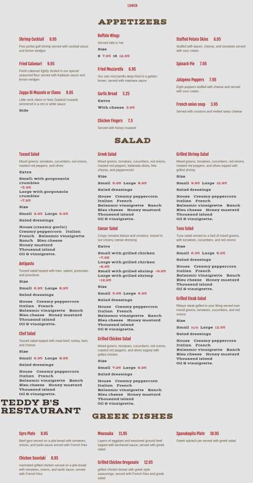 Teddy B's Restaurant menu in Bethany, Connecticut, USA