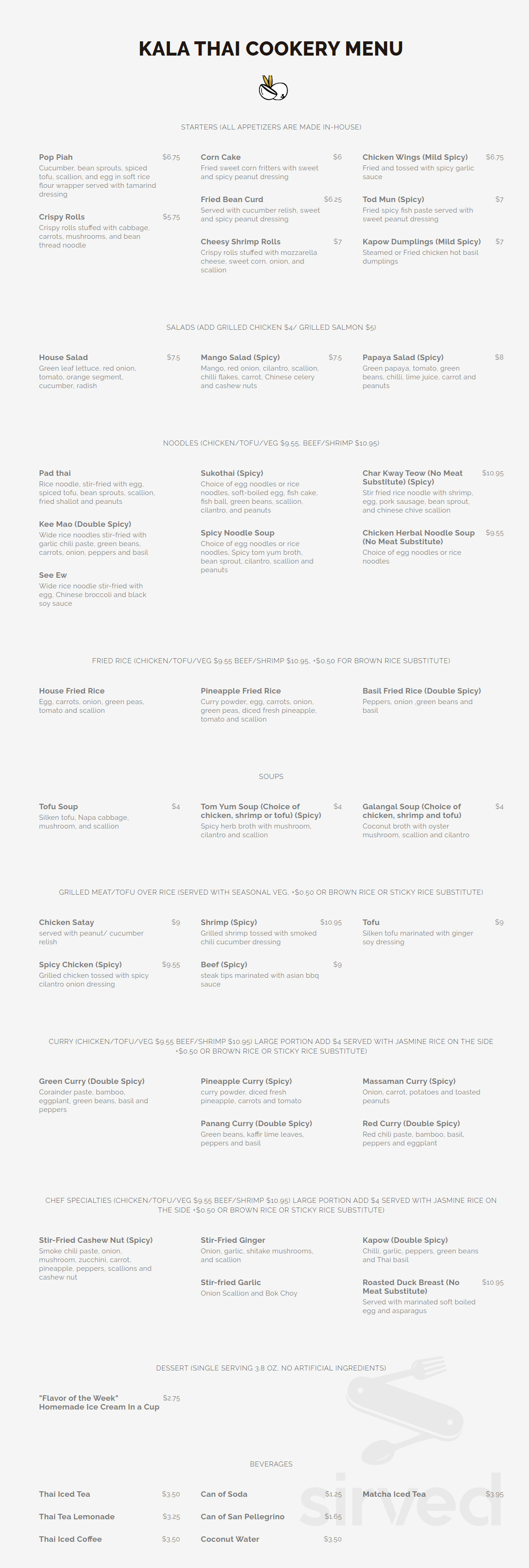 Kala Thai Cookery menu in Boston, Massachusetts, USA