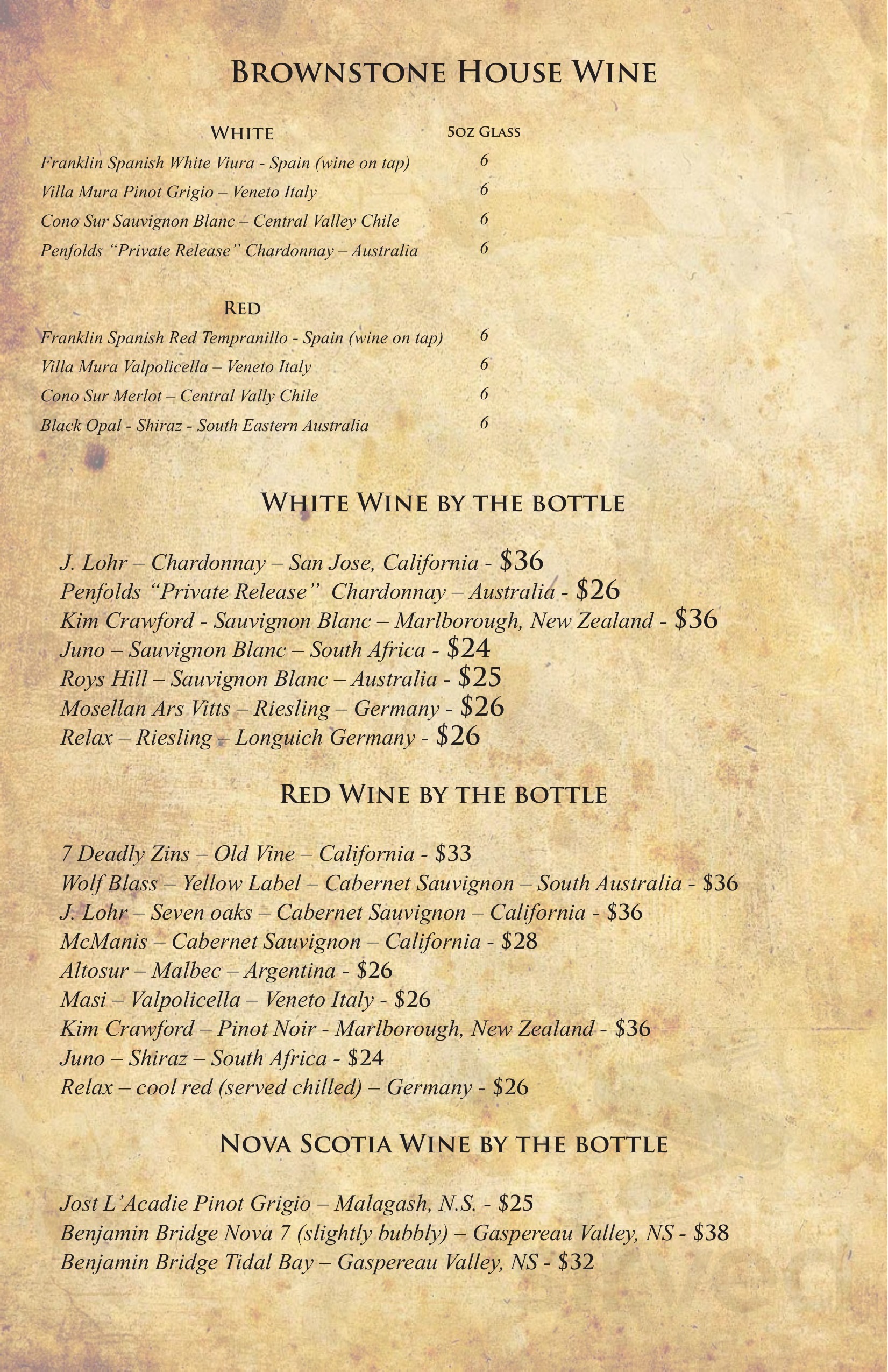 Brownstone Restaurant menu in Antigonish, Nova Scotia, Canada