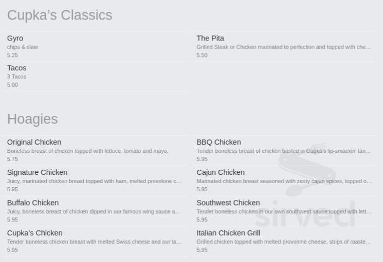 Cupka's Cafe II menus in Pittsburgh, Pennsylvania, United States