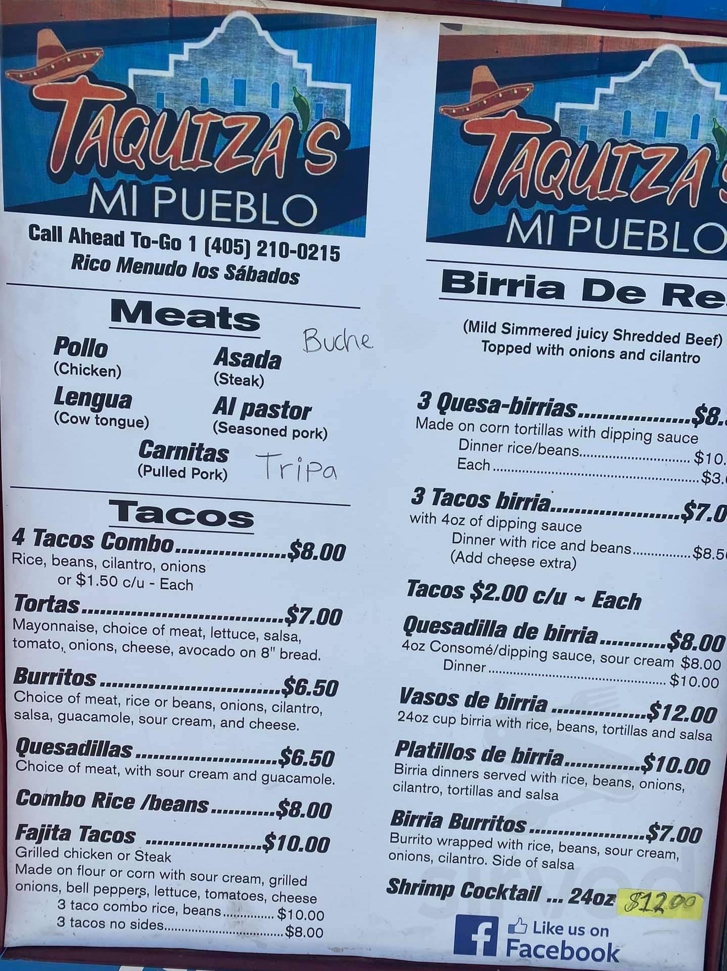 Menu for Taquizas Mi Pueblo Food truck in El Reno, OK | Sirved