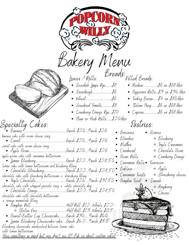 Popcorn Willy menu in Washington, Pennsylvania, USA