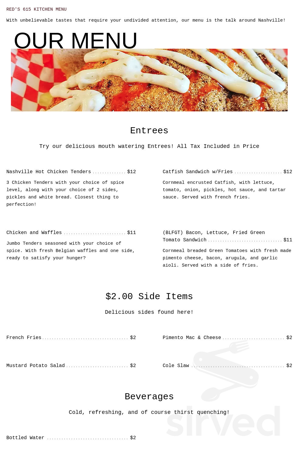 Red's 615 Kitchen menu in Nashville, Tennessee, USA