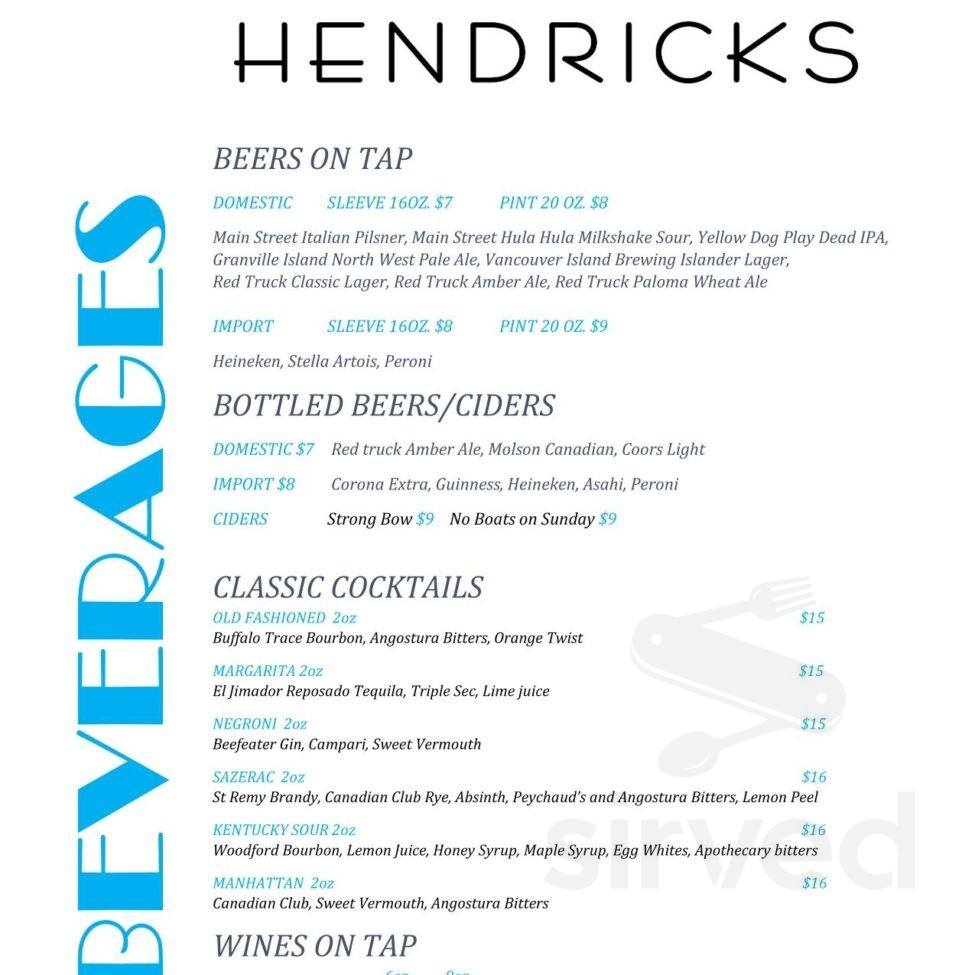 Hendricks Resto-Lounge menu in Vancouver, British Columbia, Canada