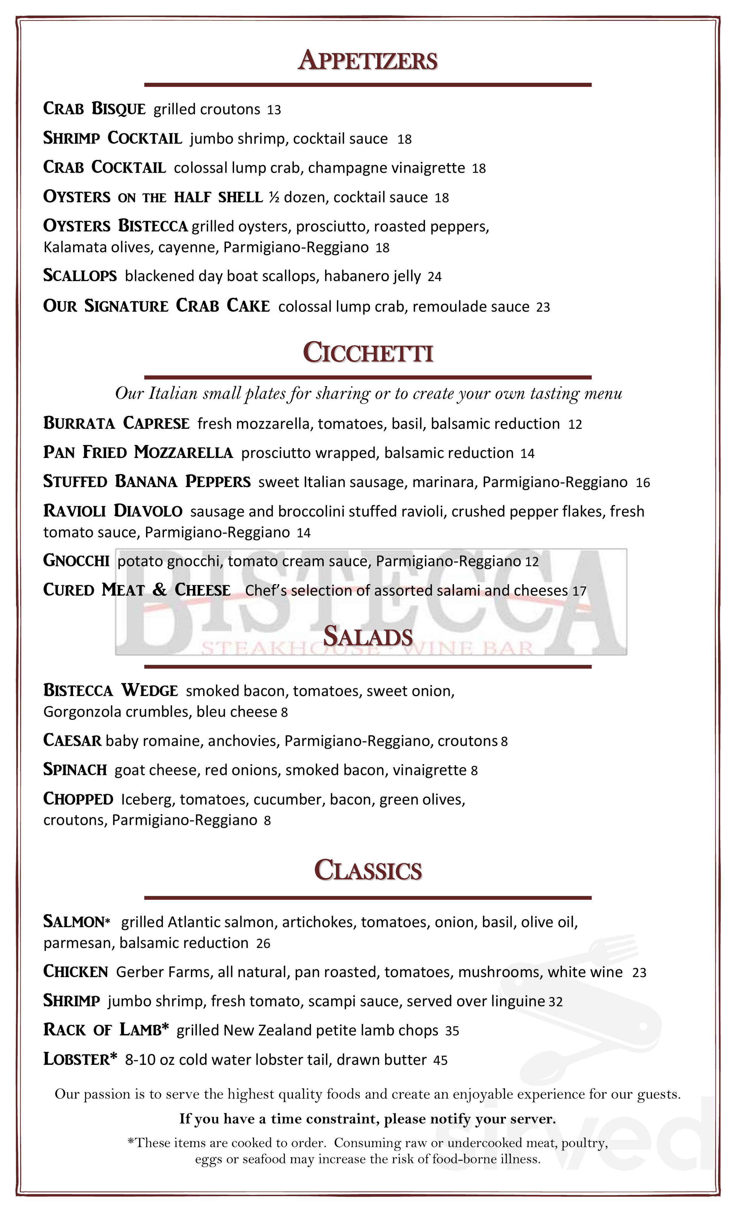 Bistecca Steakhouse & Wine Bar menu in Washington, Pennsylvania, USA