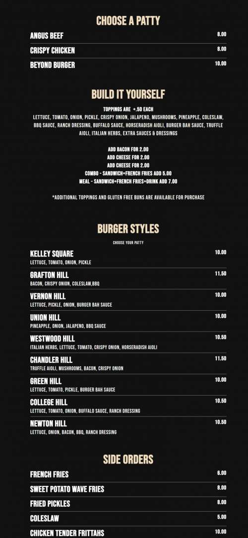 The Burger Bah menu in Worcester, Massachusetts, USA