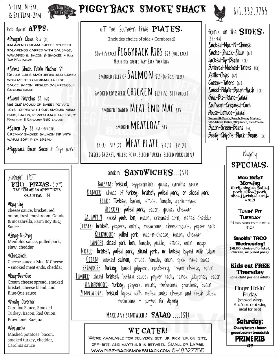 Menu - Osage IA's Piggyback Smoke Shack | Sirved