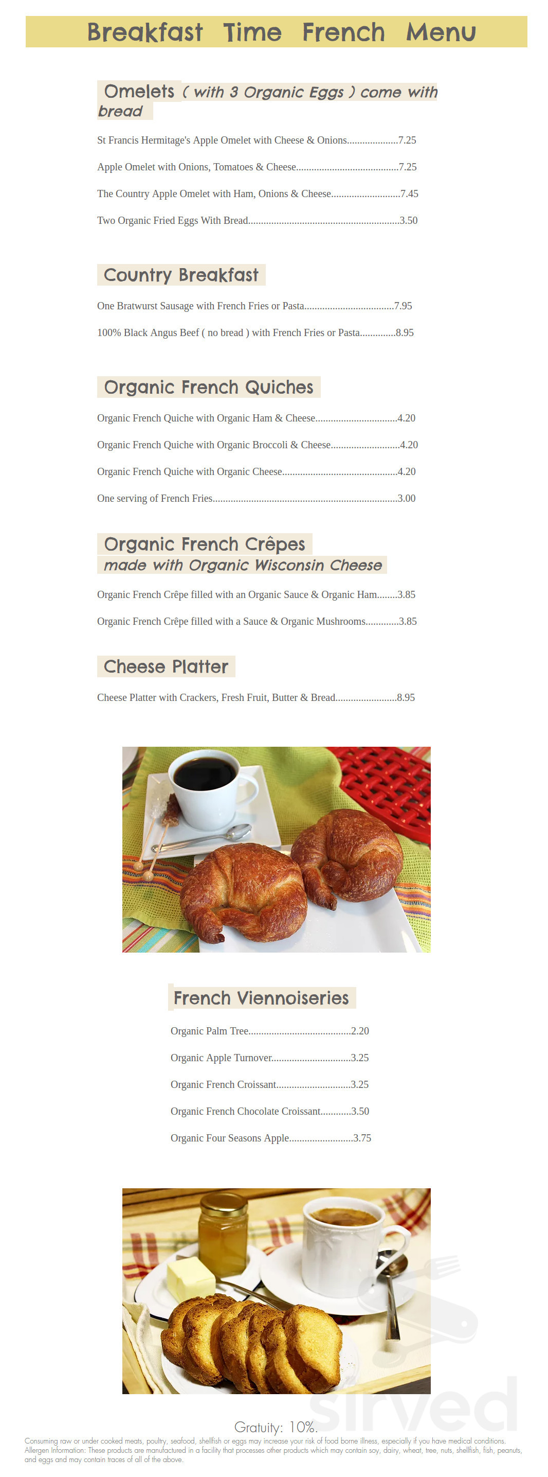 Saint Francis Hermitage menu in Gays Mills, Wisconsin, USA