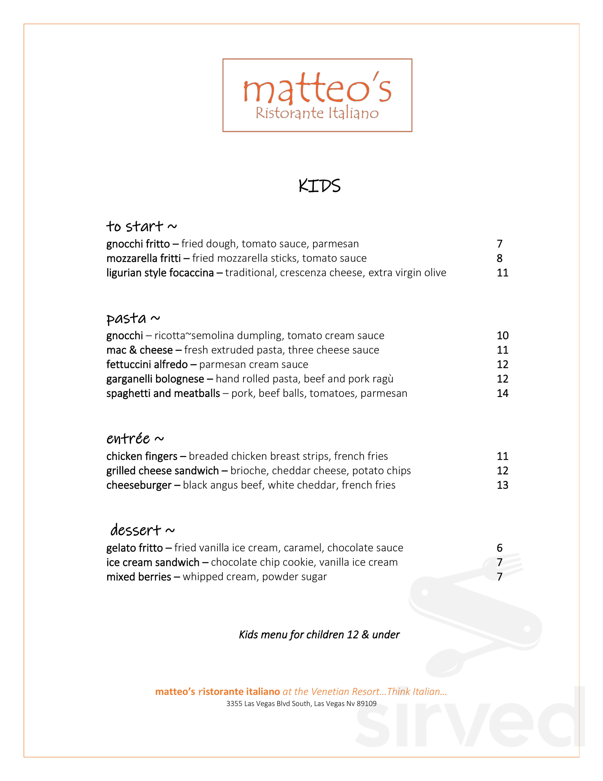 Matteo's Ristorante Italiano menu in Las Vegas, Nevada, USA