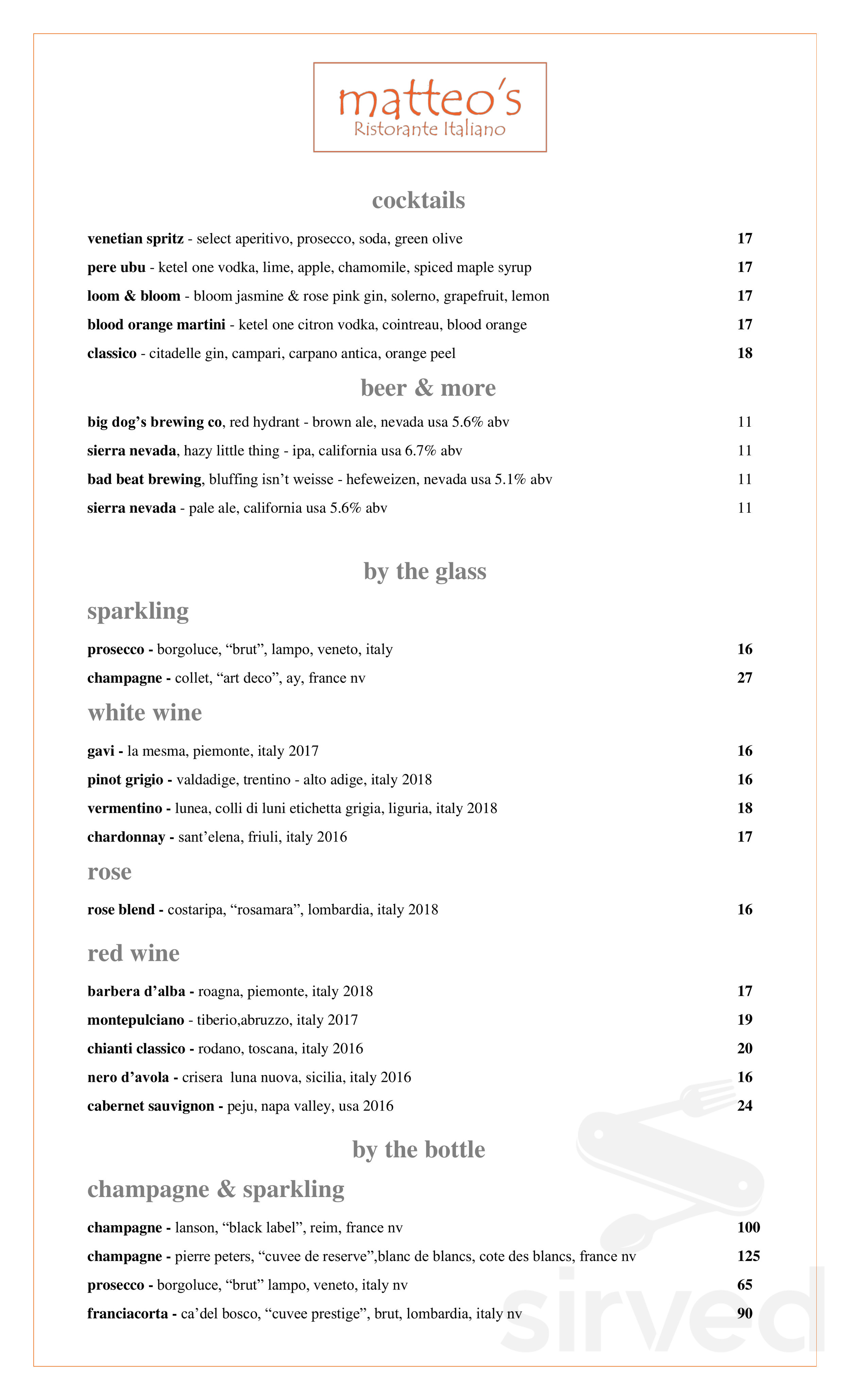 Matteo's Ristorante Italiano menu in Las Vegas, Nevada, USA