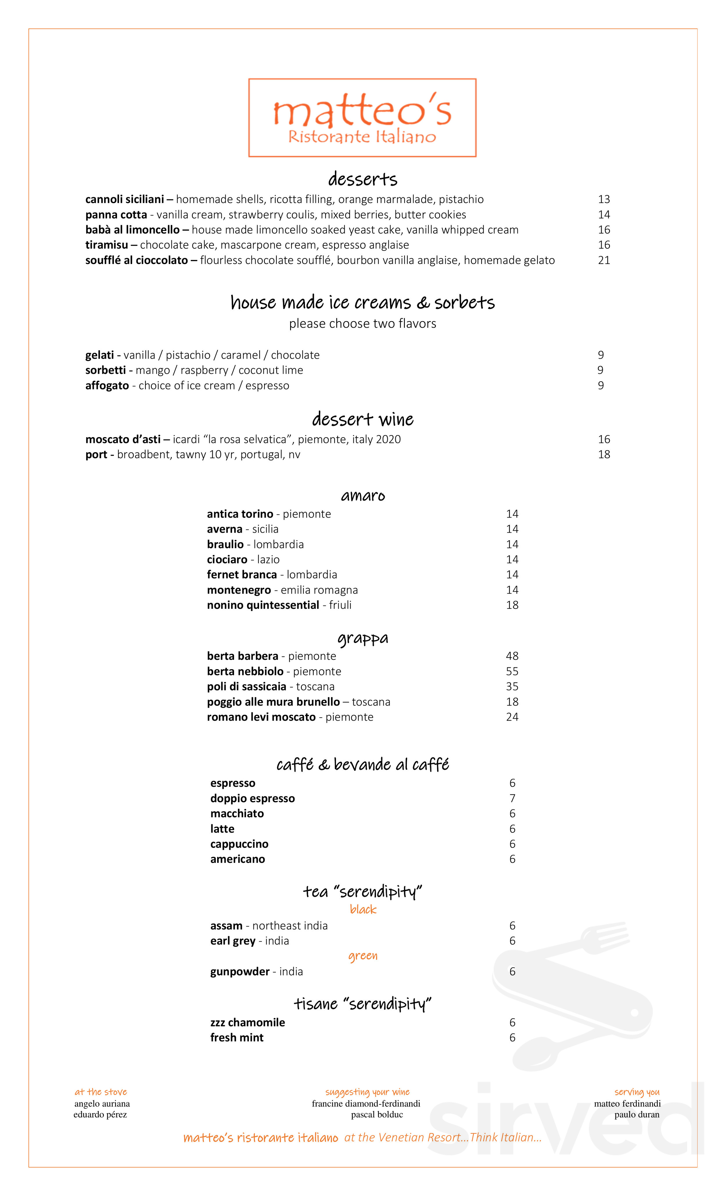 Matteo's Ristorante Italiano menu in Las Vegas, Nevada, USA
