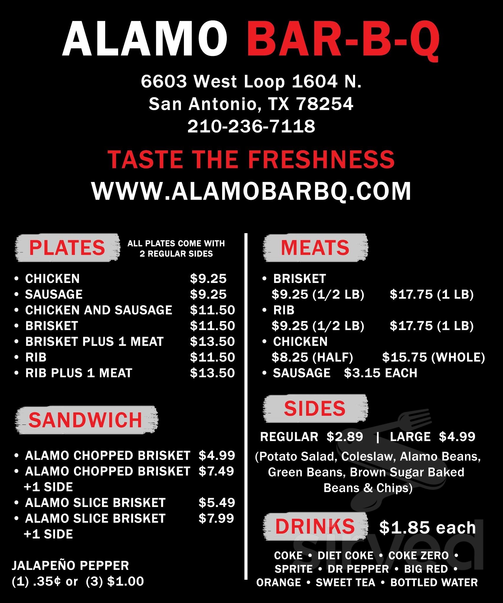 Alamo Bar-B-Q menus in San Antonio, Texas, United States