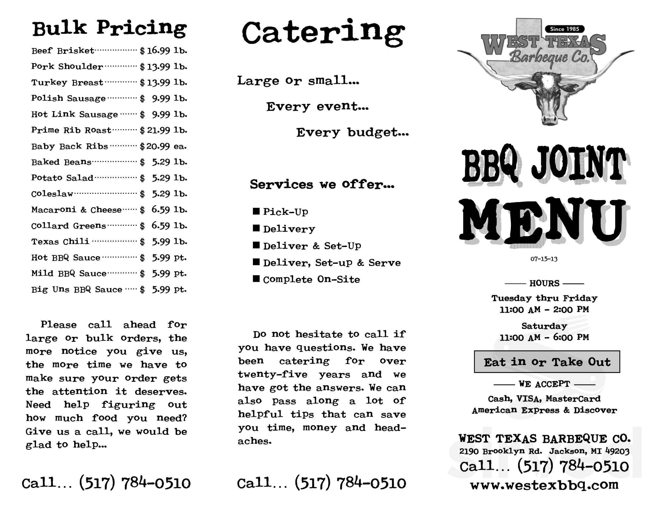 West Texas Barbeque Co menu in Jackson, Michigan, USA