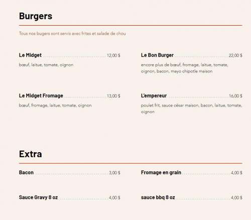 La Baraque à Frites menu in Québec, Quebec, Canada
