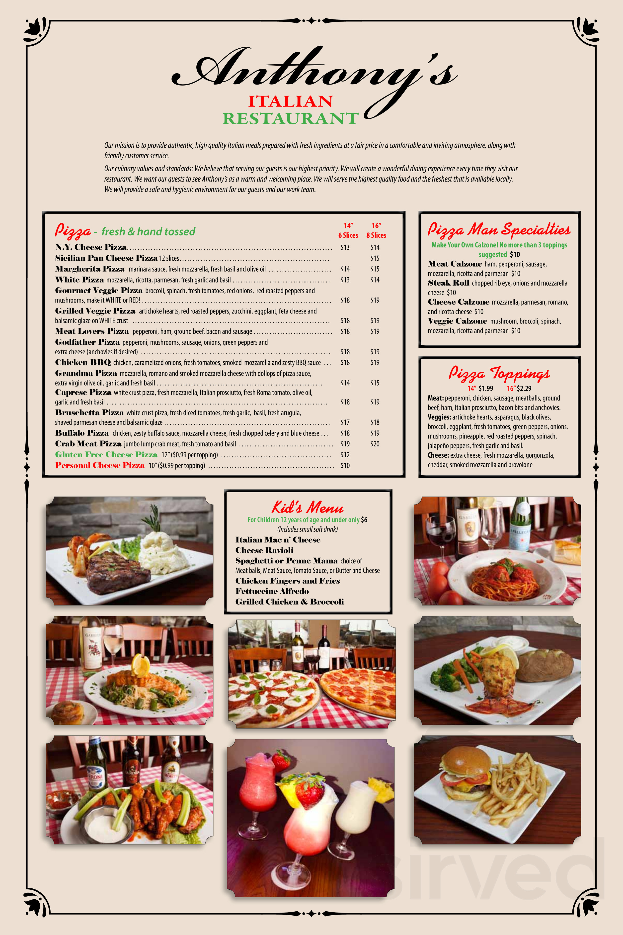 Anthony's Italian Restaurant & Wine Bar menu in Pasadena, Maryland, USA