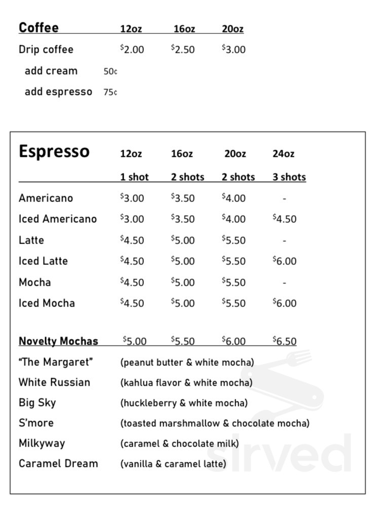 The Coffee Barn menu in Minot, North Dakota, USA