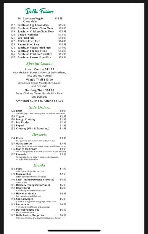 Delhi Fusion Indian Cuisine menu in Vancouver, British Columbia, Canada