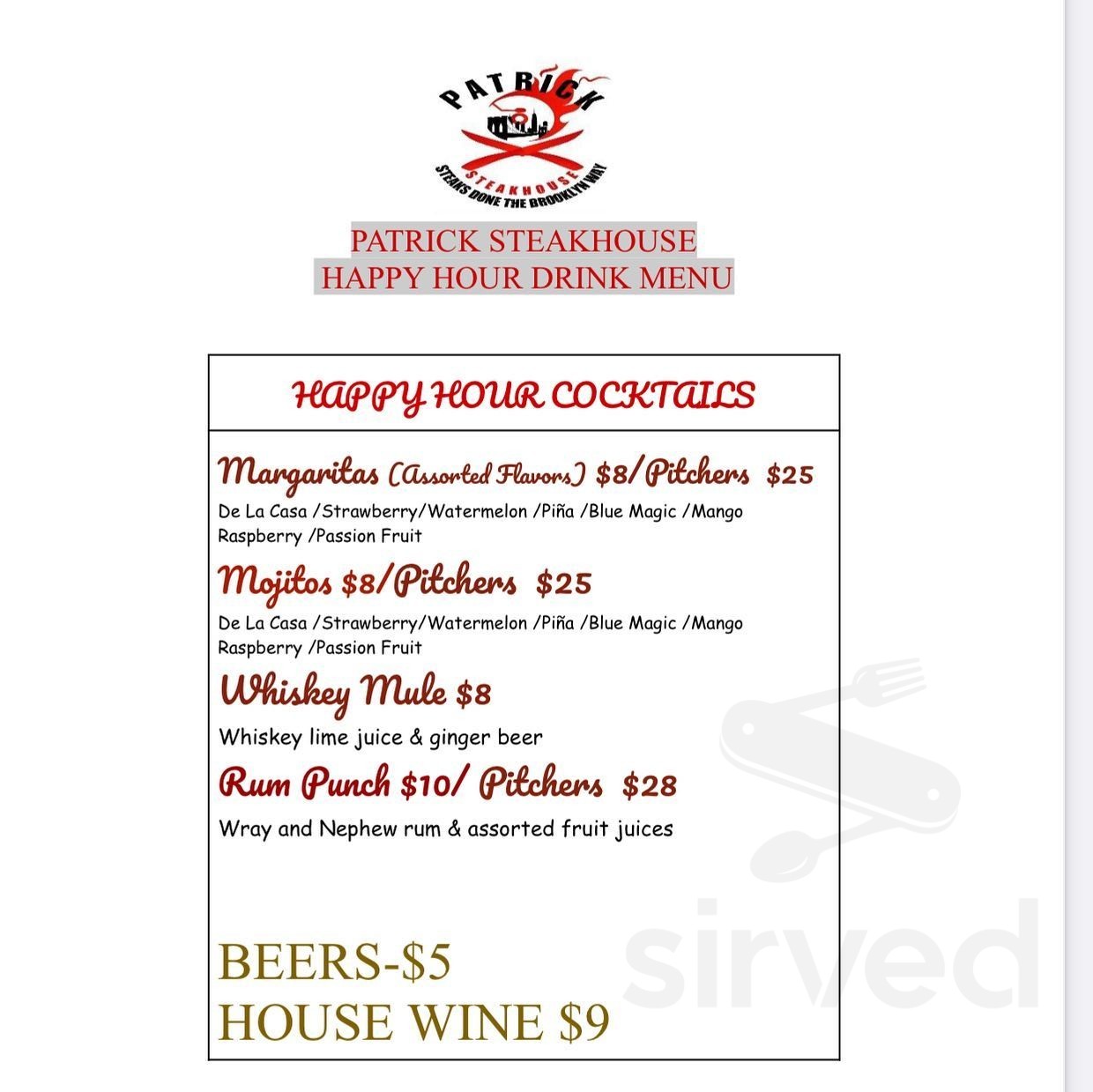 Patrick Steakhouse menu in Brooklyn, New York, USA