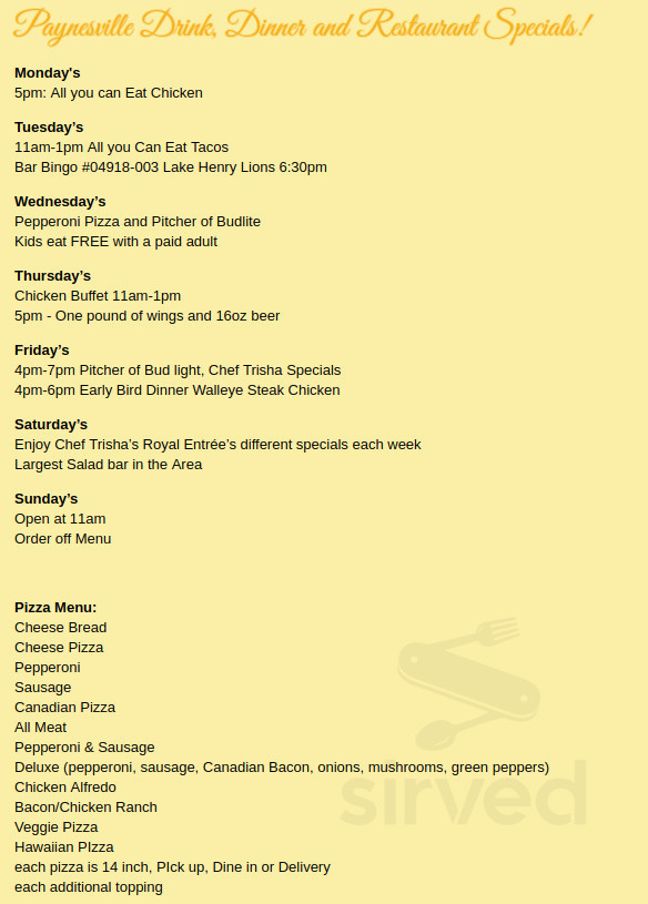 Queen Bee's Bar & Grill menu in Paynesville, Minnesota, USA