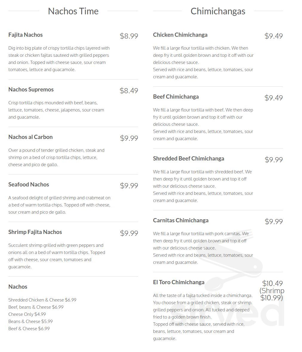 El Toro Mexican Cuisine menu in Indianapolis, Indiana, USA