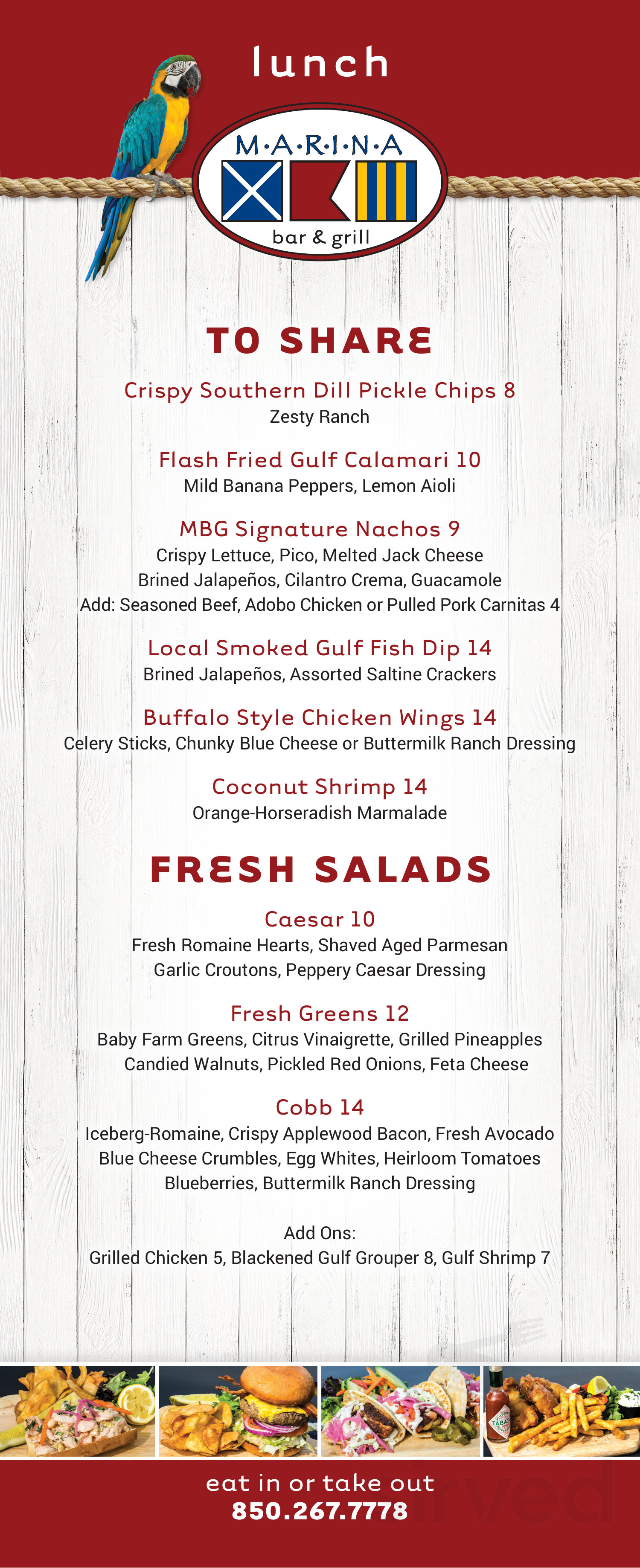 Marina Bar & Grill menu in Miramar Beach, Florida, USA