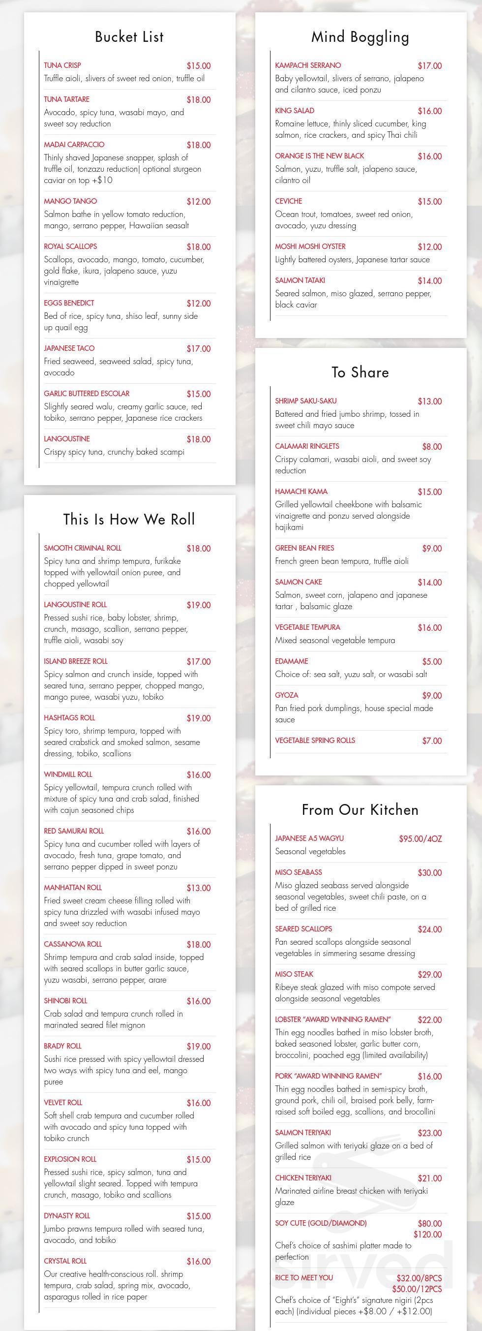 Eight Sushi Lounge menu in Atlanta, Georgia, USA