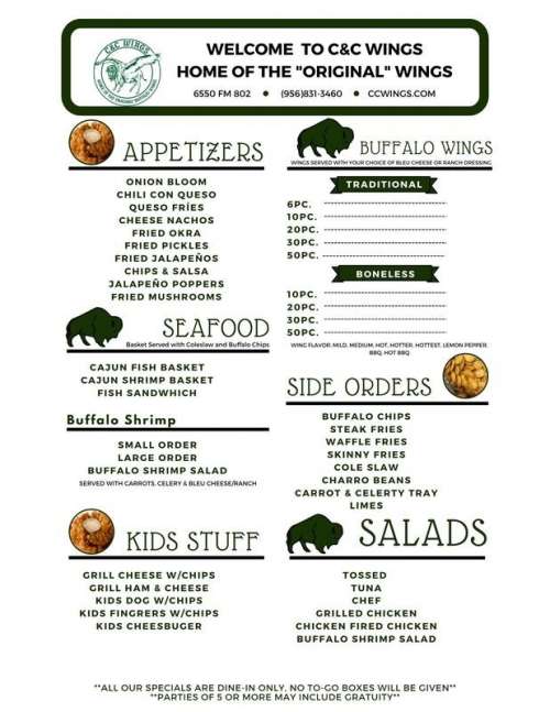C&C Wings Central menu in Brownsville, Texas, USA