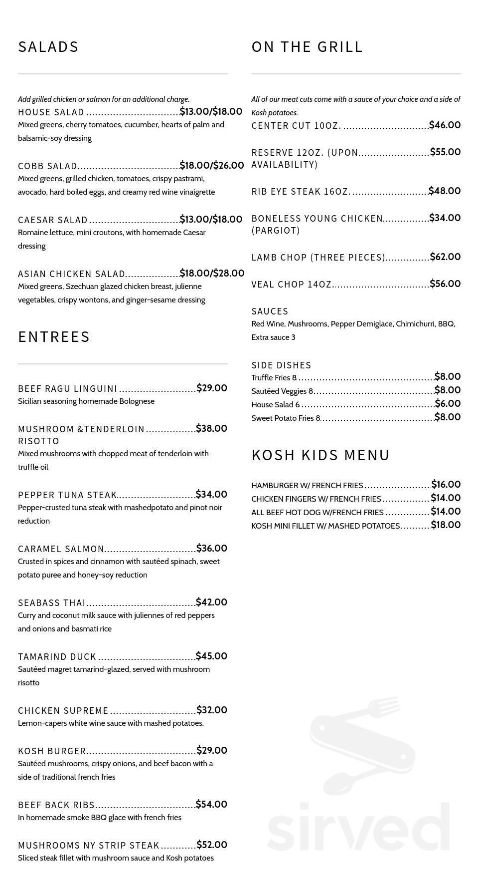 Menu - Surfside FL's Kosh | Sirved