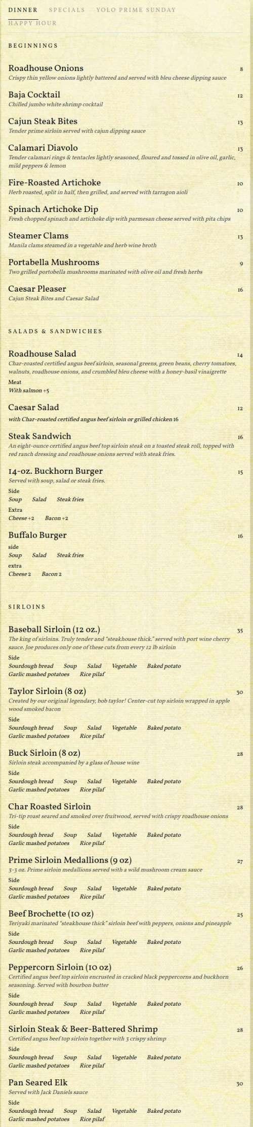 Buckhorn Steakhouse menu in Winters, California, USA
