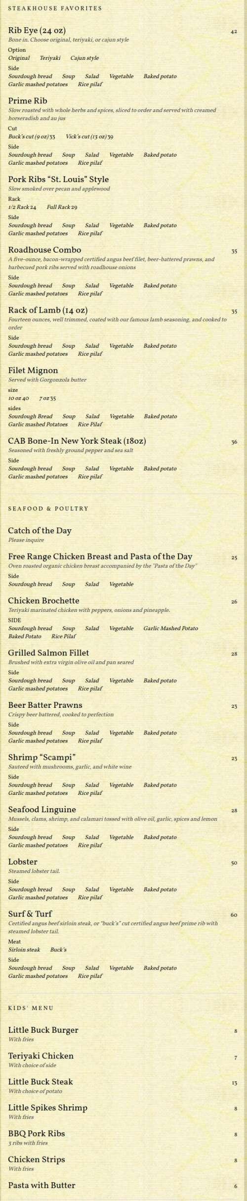 Buckhorn Steakhouse menu in Winters, California, USA