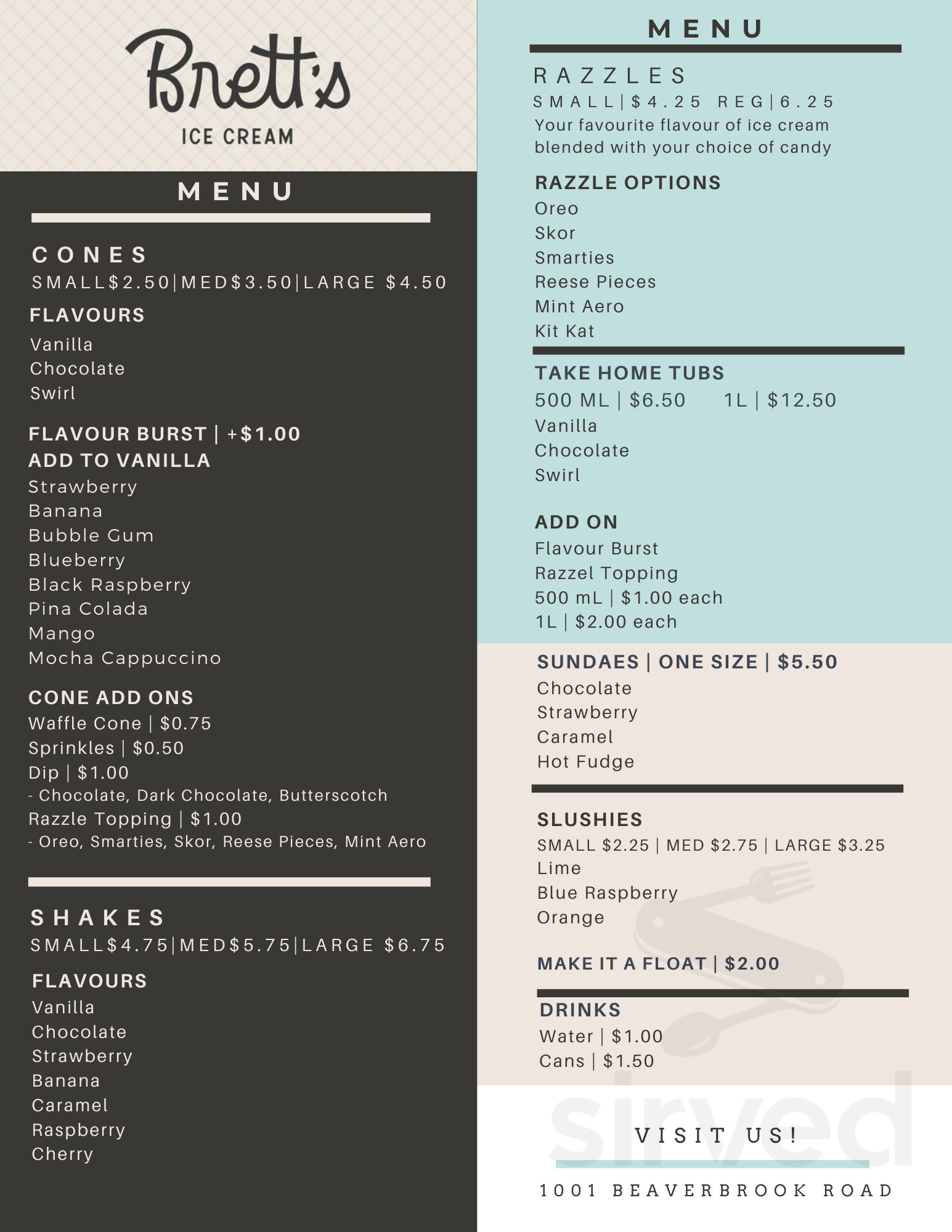 Menu - Kanata ON's Brett's Ice Cream | Sirved