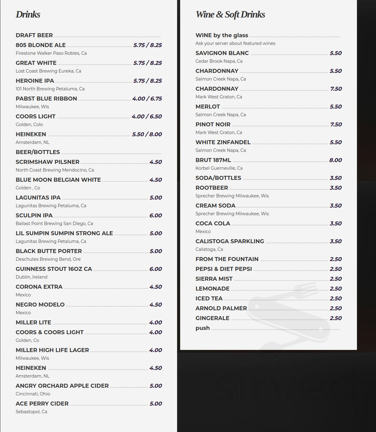Menu for Traxx Bar & Grill in Petaluma, CA | Sirved