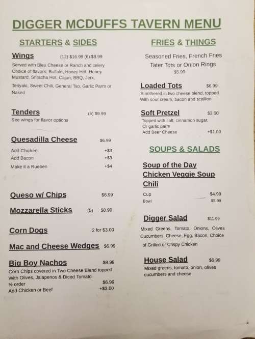 Digger McDuff's Tavern menu in Cromwell, Connecticut, USA