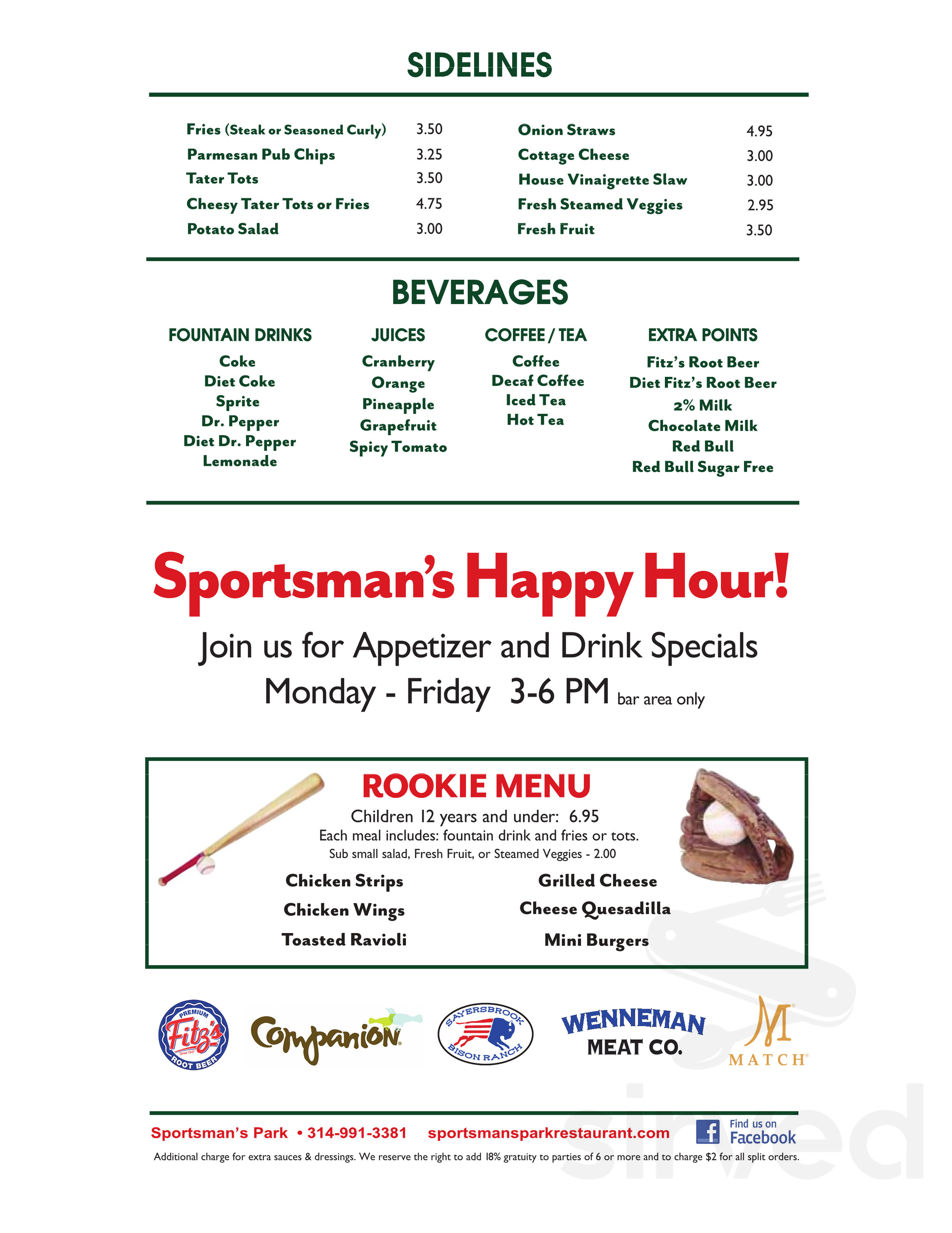 Sportsmans Park Restaurant & Bar menu in St. Louis, Missouri, USA