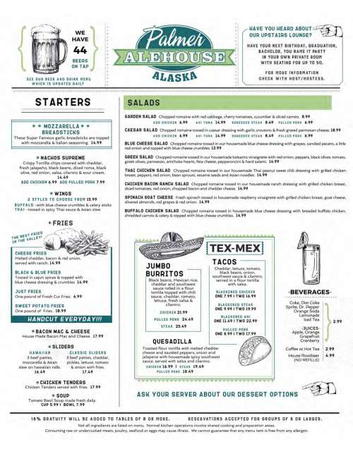 Palmer Alehouse menu in Palmer, Alaska, USA