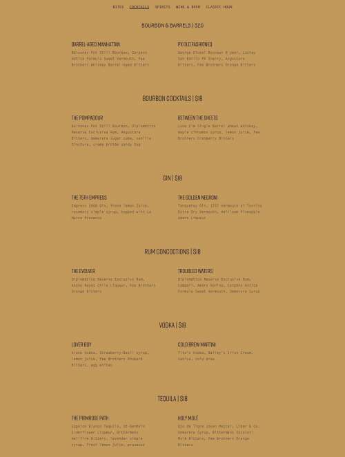 Bourbon & Banter menu in Dallas, Texas, USA