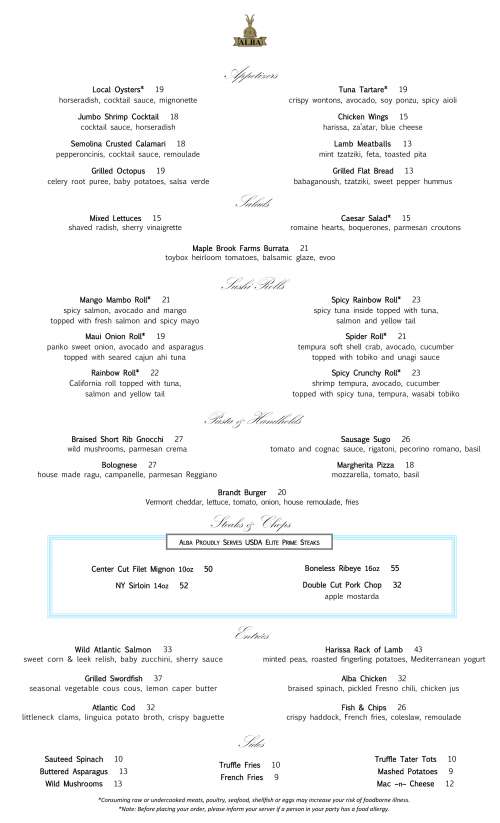 ALBA on 53 menu in Hanover, Massachusetts, USA