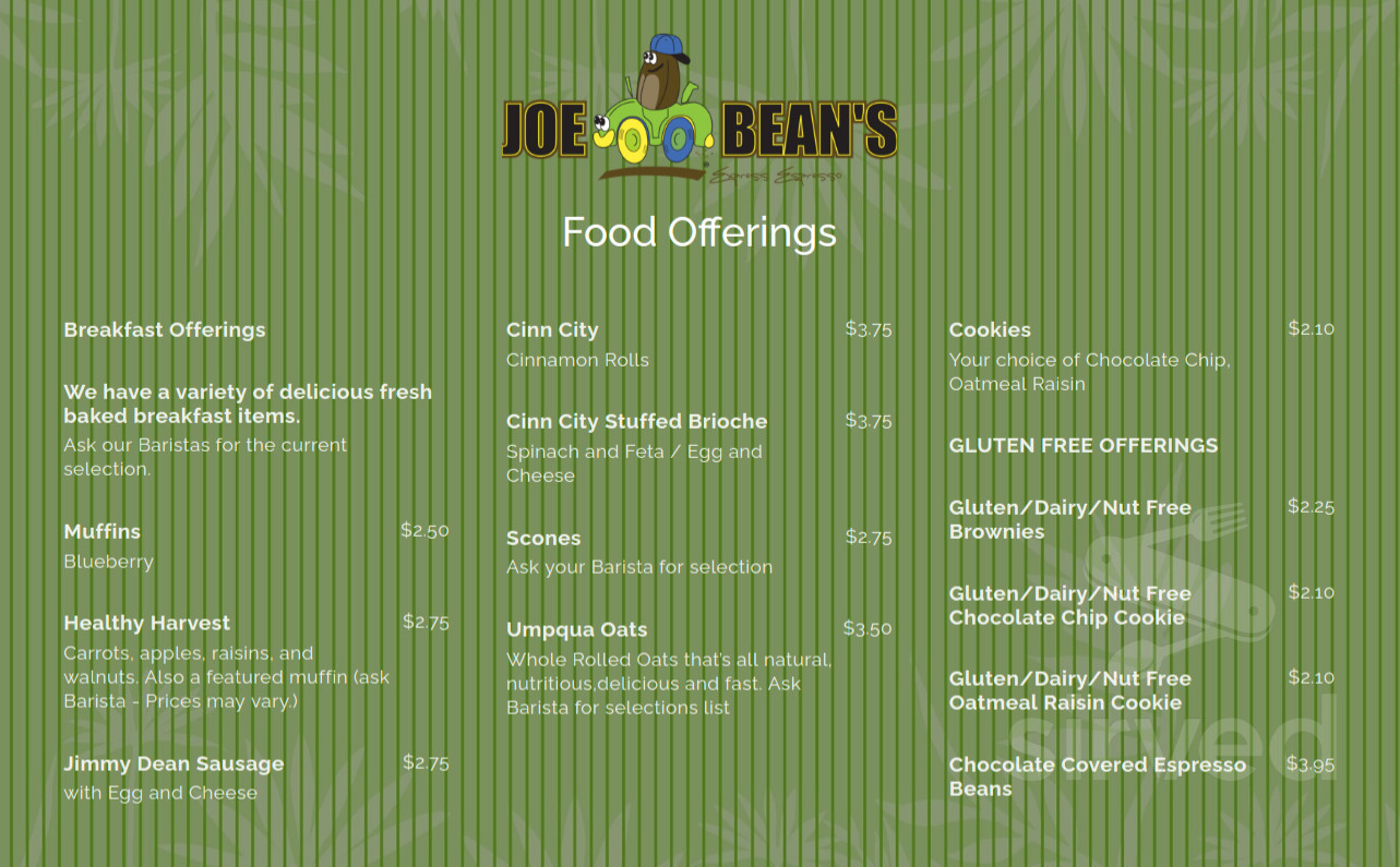 Joe Bean's Express Espresso menu in Lynchburg, Virginia, USA